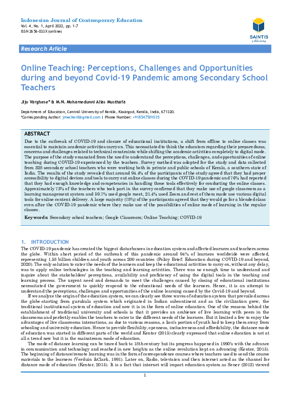 (PDF) Online Teaching: Perceptions, Challenges and Opportunities during ...