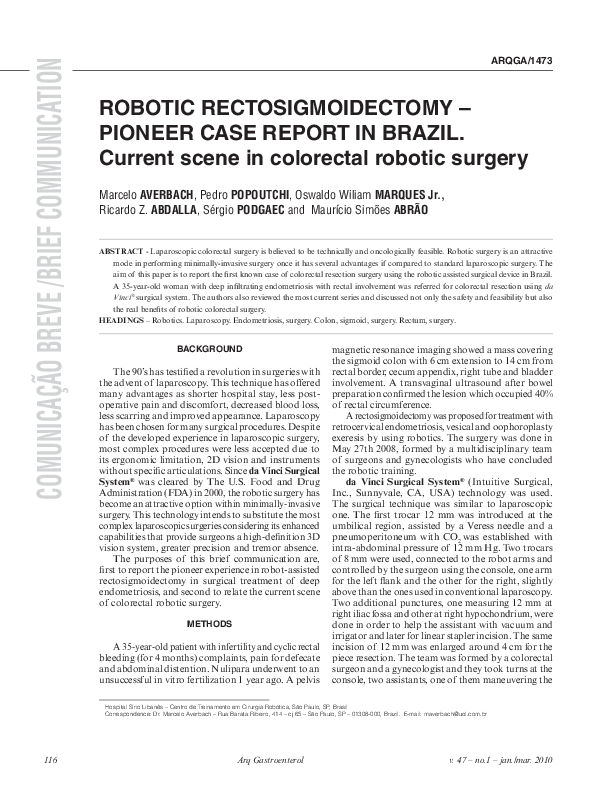 (PDF) Robotic rectosigmoidectomy: pioneer case report in Brazil ...