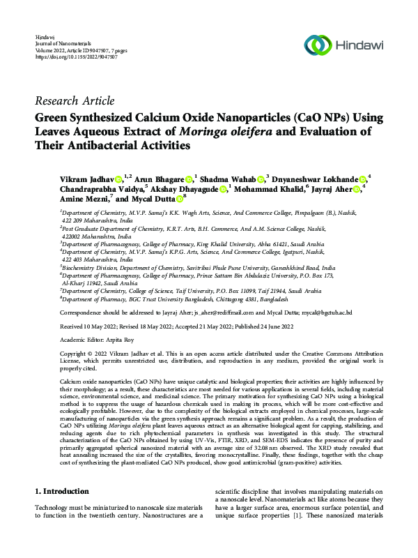 (PDF) Green Synthesized Calcium Oxide Nanoparticles (CaO NPs) Using Leaves Aqueous Extract of ...