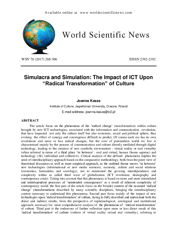 (PDF) Simulacra and Simulation: The Impact of ICT Upon “Radical ...