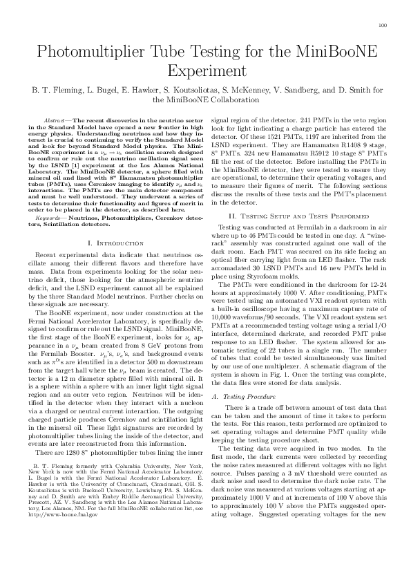 (PDF) Photomultiplier tube testing for the MiniBooNE experiment