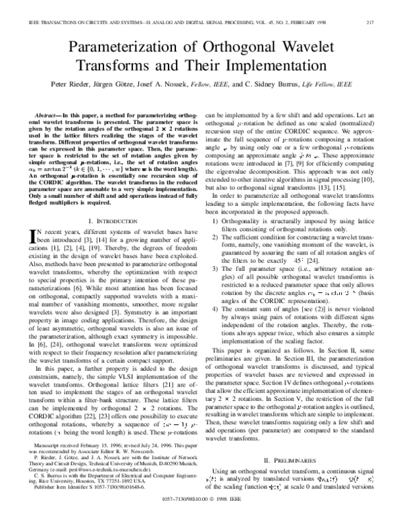(PDF) Parameterization of orthogonal wavelet transforms and their implementation