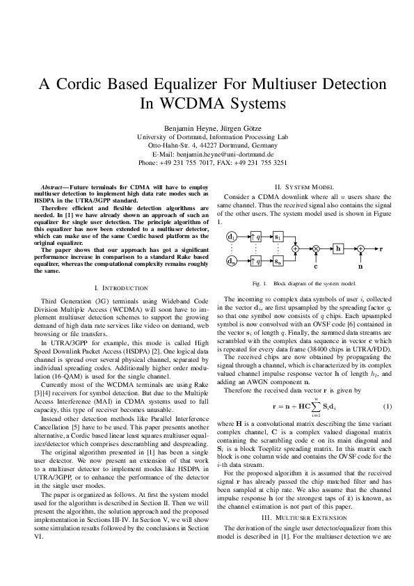 (PDF) A Cordic based equalizer for multiuser detection in WCDMA systems