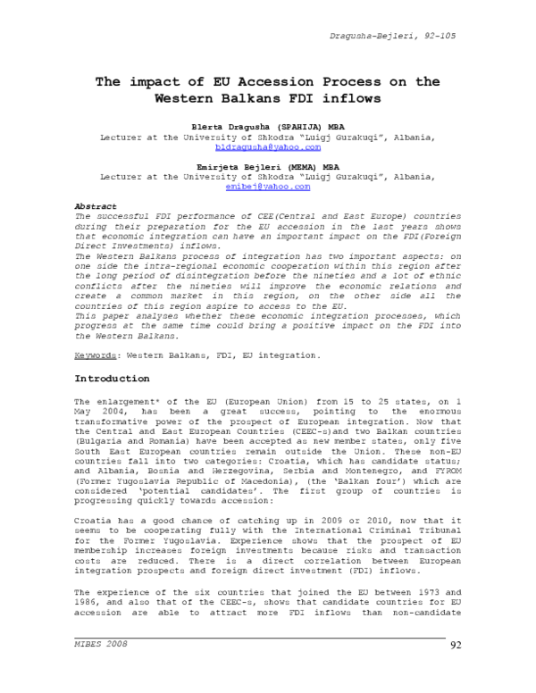 (PDF) The impact of EU Accession Process on the Western Balkans FDI i