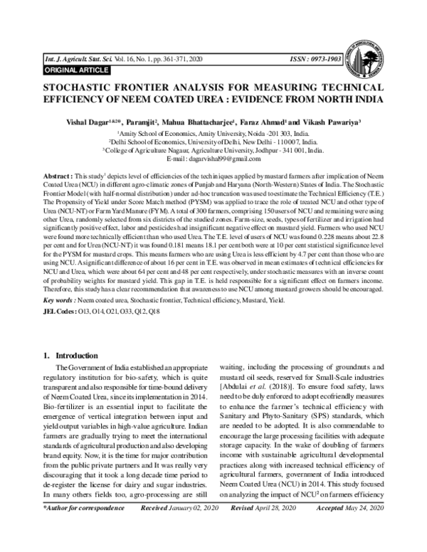 (PDF) Stochastic Frontier Analysis for Measuring Technical Efficiency of Neem Coated Urea ...