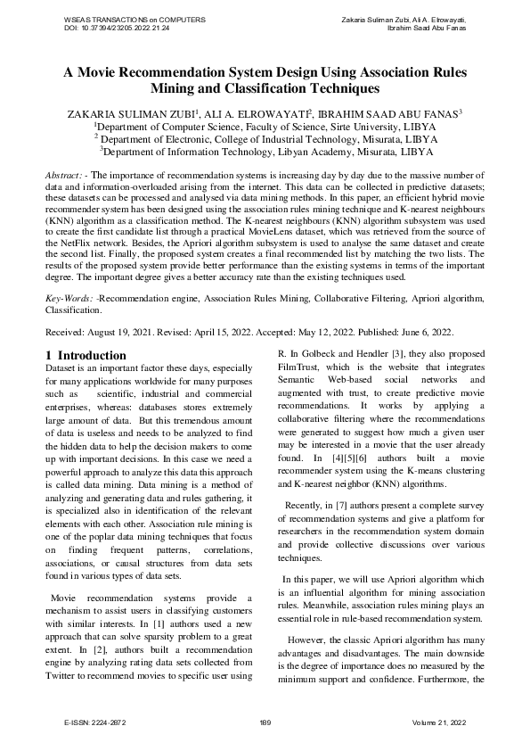 (PDF) A Movie Recommendation System Design Using Association Rules Mining and Classification ...