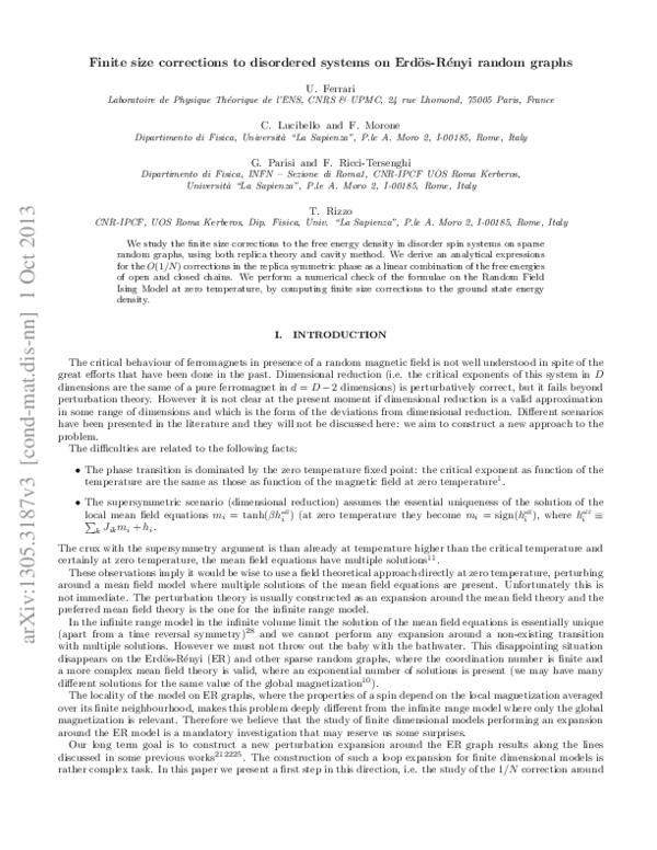 Pdf Finite Size Corrections To Disordered Systems On Erdös Rényi