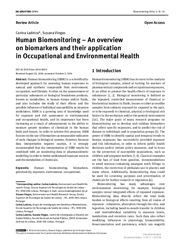 (PDF) Human Biomonitoring – An overview on biomarkers and their ...