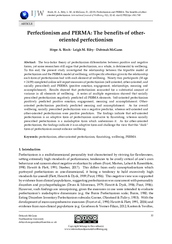 (PDF) Perfectionism and PERMA: The benefits of otheroriented perfectionism