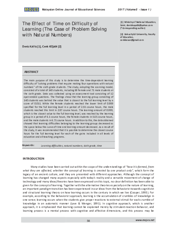 (PDF) The Effect of Time on Difficulty of Learning (The Case of Problem ...