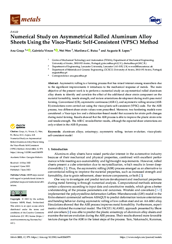 (PDF) Numerical Study on Asymmetrical Rolled Aluminum Alloy Sheets Using the Visco-Plastic Self ...