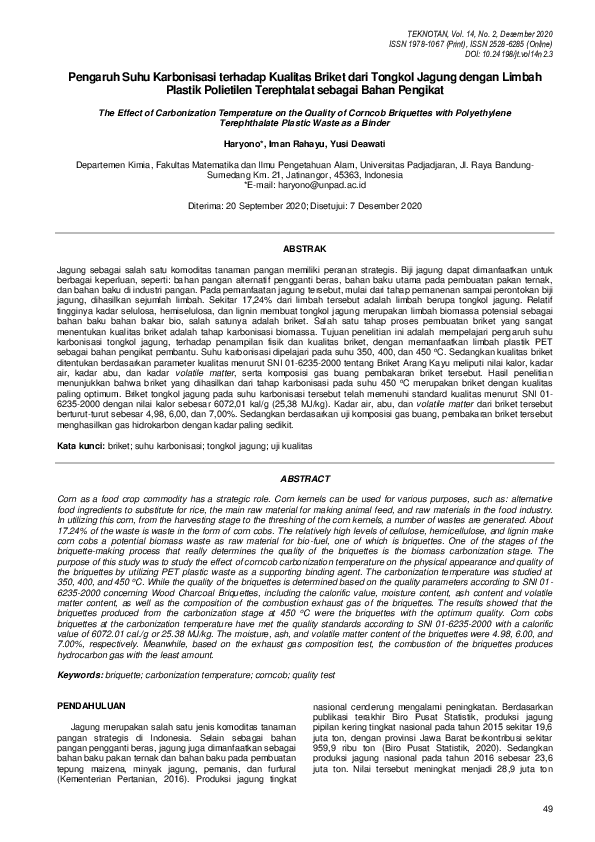 (PDF) Pengaruh Suhu Karbonisasi terhadap Kualitas Briket dari Tongkol Jagung dengan Limbah ...