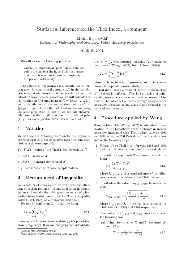 (PDF) Statistical inference for the Theil index, a comment
