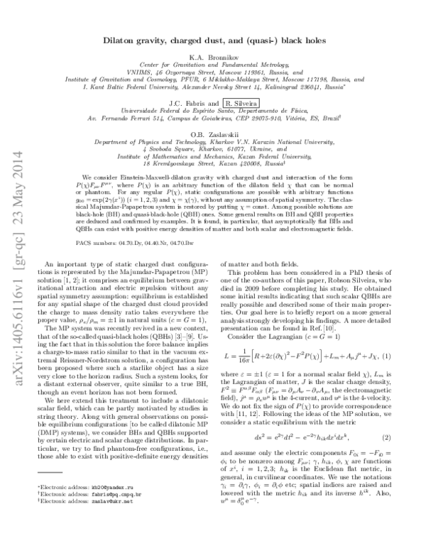(PDF) Dilaton gravity, charged dust, and (quasi-) black holes | Kirill A Bronnikov - Academia.edu