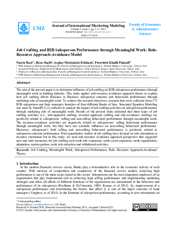 (PDF) Job Crafting and B2B Salesperson Performance through Meaningful ...