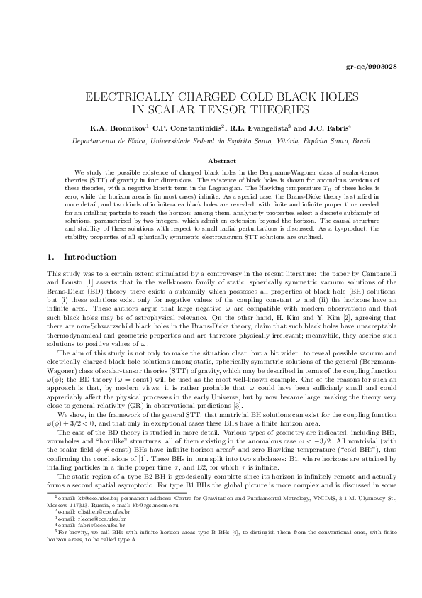 (PDF) Electrically Charged Cold Black Holes in Scalar-Tensor Theories