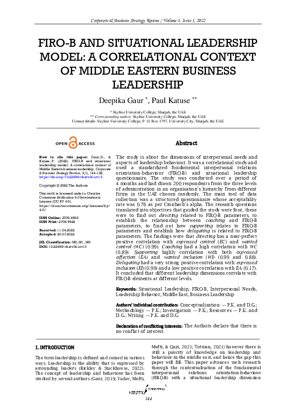 (PDF) FIRO-B and situational leadership model: A correlational context ...