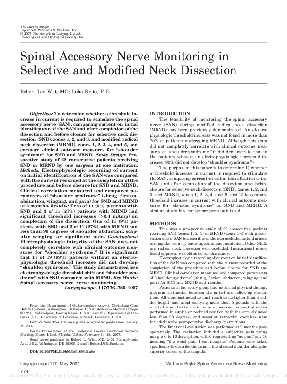 (PDF) Spinal Accessory Nerve Monitoring in Selective and Modified Neck ...