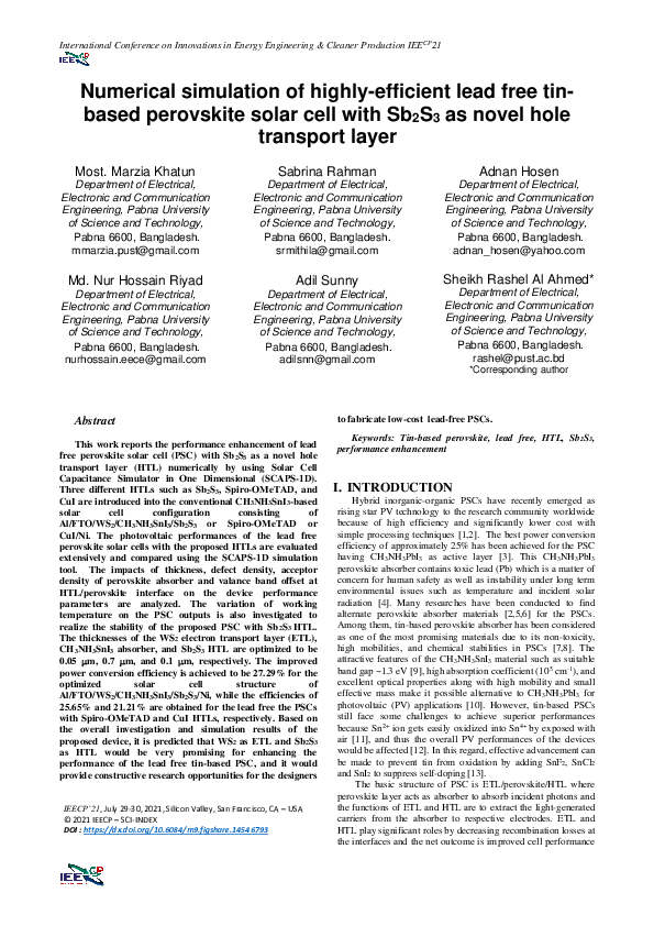 Pdf Numerical Simulation Of Highly Efficient Lead Free Tin Based