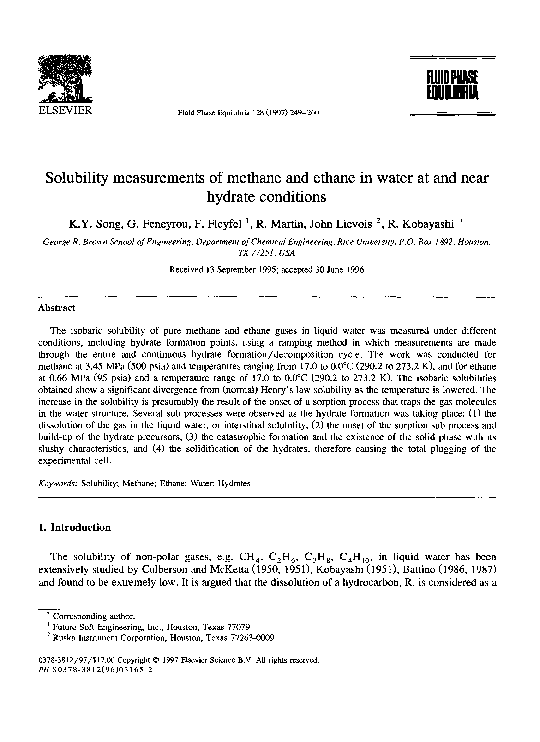 (PDF) Solubility measurements of methane and ethane in water at and ...