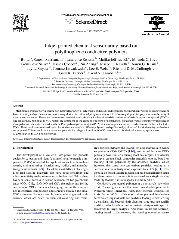 (PDF) Inkjet printed chemical sensor array based on polythiophene conductive polymers