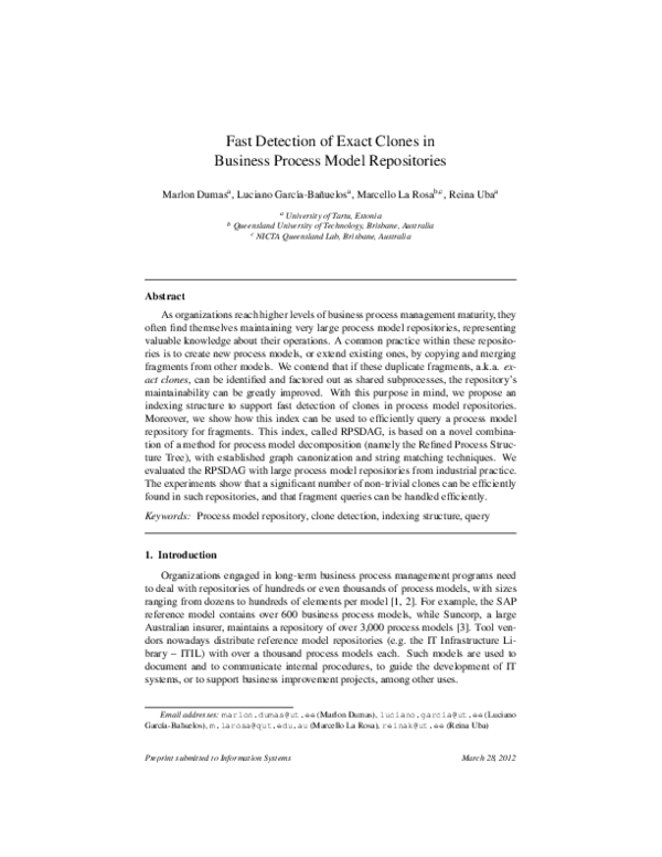 (PDF) Fast detection of exact clones in business process model repositories