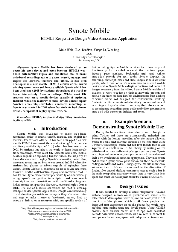 (PDF) Synote mobile HTML5 responsive design video annotation application | E.A. Draffan ...