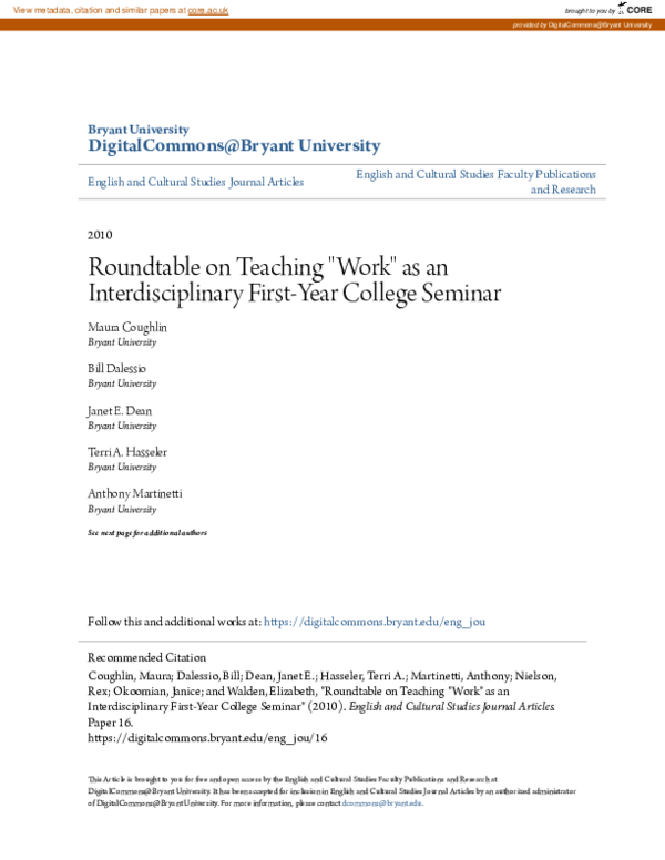 (PDF) Roundtable on teaching "Work" as an interdisciplinary first-year college seminar