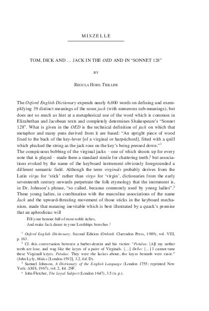 (PDF) Tom, Dick and ... Jack in the OED and in Sonnet 128