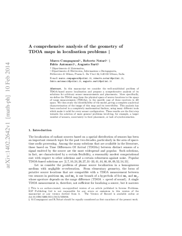 Pdf A Comprehensive Analysis Of The Geometry Of Tdoa Maps In Localization Problems Marco