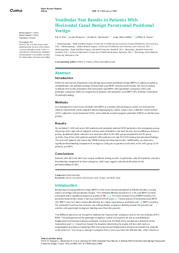 (PDF) Vestibular Test Results in Patients With Horizontal Canal Benign ...