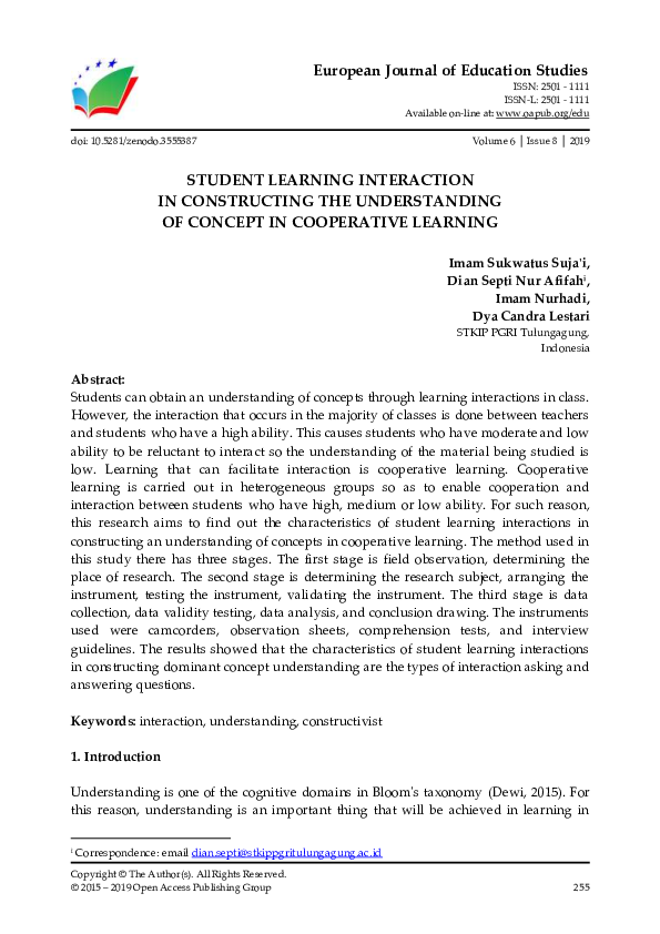 (PDF) Student Learning Interaction in Constructing the Understanding of Concept in Cooperative ...