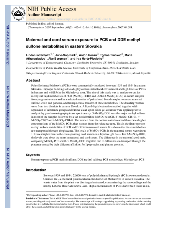 (PDF) PCB and DDE Metabolites in Maternal and Cord Serum: Eastern ...