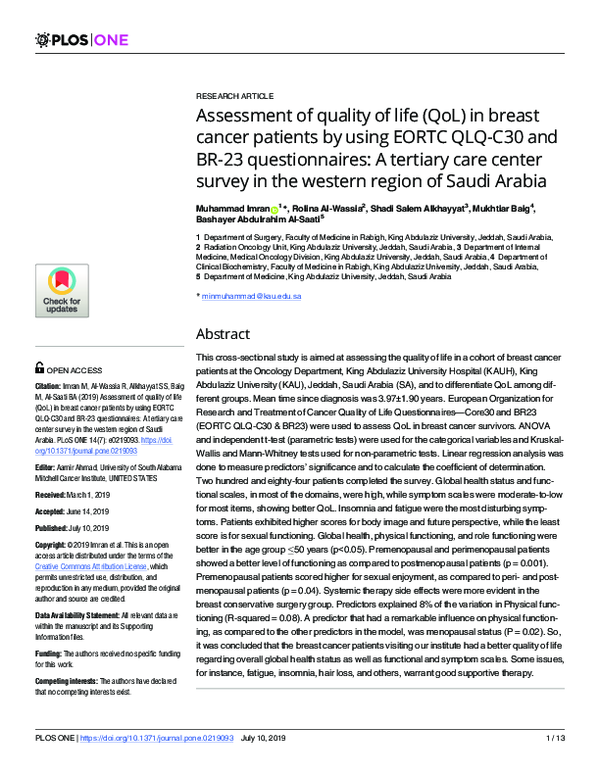 (PDF) Assessment of quality of life (QoL) in breast cancer patients by using EORTC QLQ-C30 and ...