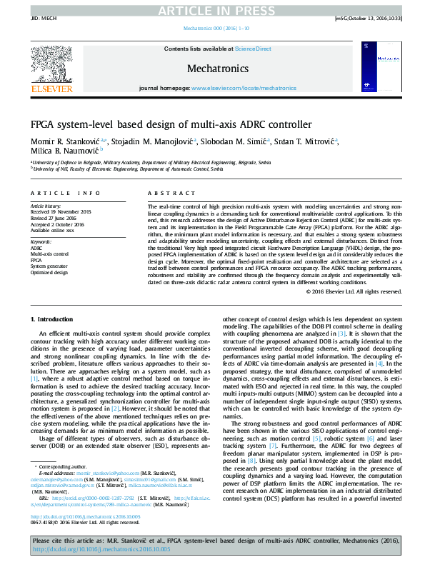 Pdf Fpga System Level Based Design Of Multi Axis Adrc Controller