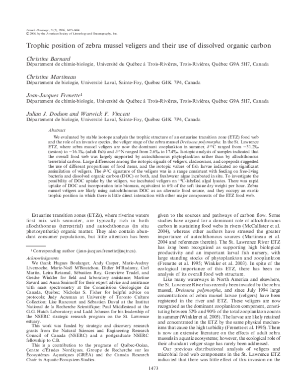 (PDF) Trophic position of zebra mussel veligers and their use of ...