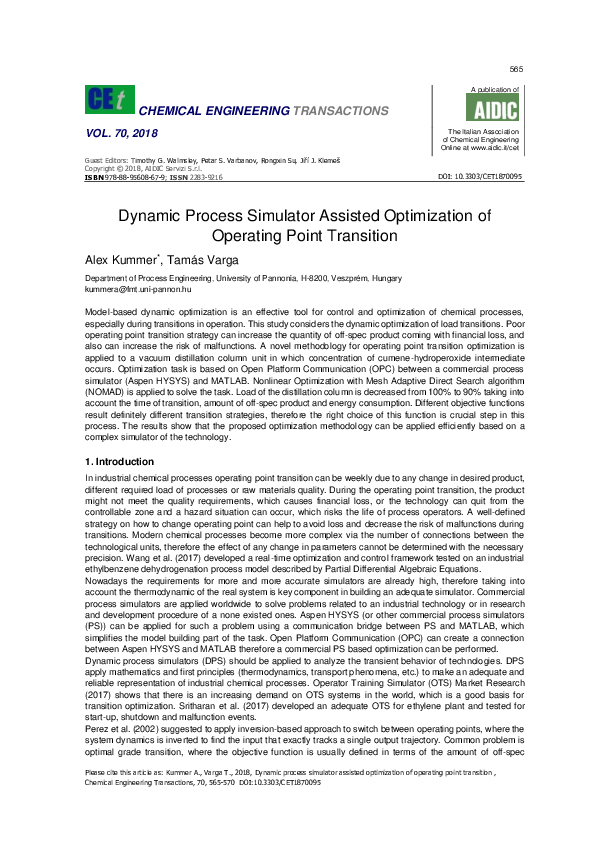 Pdf Dynamic Process Simulator Assisted Optimization Of Operating Point Transition