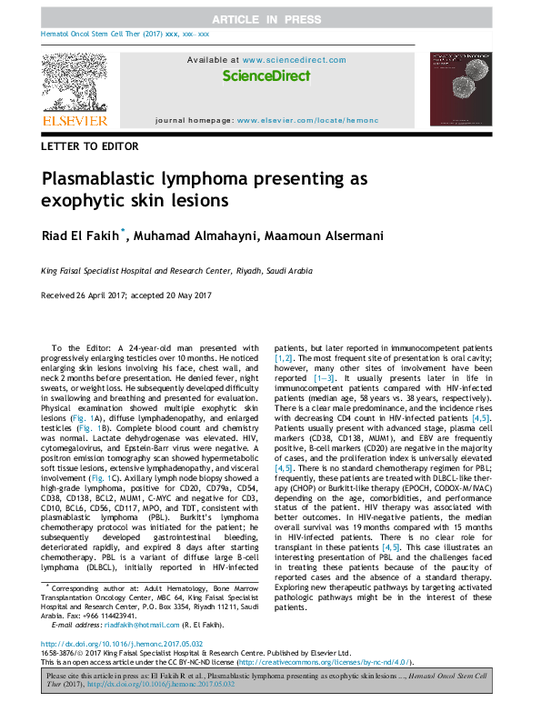 (PDF) Plasmablastic lymphoma presenting as exophytic skin lesions ...