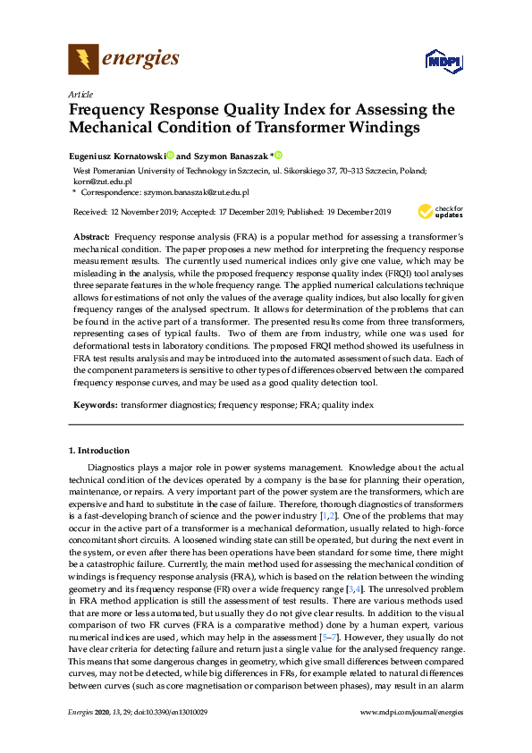 (PDF) Frequency Response Quality Index for Assessing the Mechanical Condition of Transformer ...