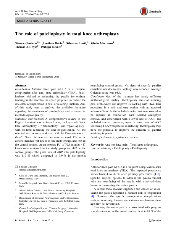 (PDF) The role of patelloplasty in total knee arthroplasty