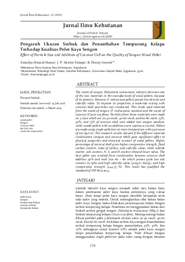 (PDF) Pengaruh Ukuran Serbuk dan Penambahan Tempurung Kelapa Terhadap Kualitas Pelet Kayu Sengon