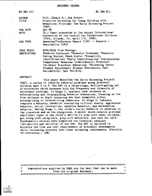 (PDF) Proactive Screening for Young Children with Behavioral Problems ...