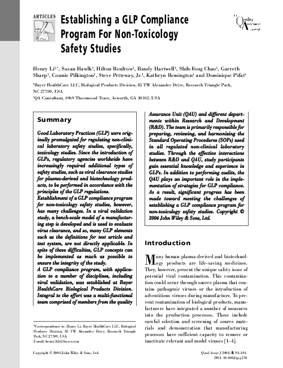 (PDF) Establishing a GLP compliance program for non-toxicology safety ...