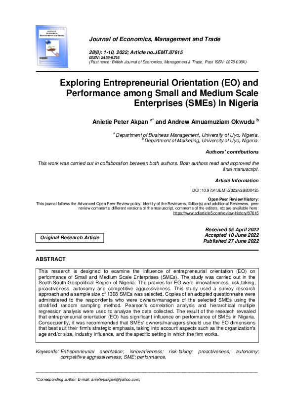 (PDF) Exploring Entrepreneurial Orientation (EO) and Performance among Small and Medium Scale ...