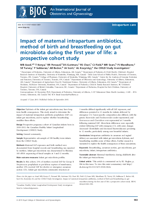 (PDF) Impact of maternal intrapartum antibiotics, method of birth and breastfeeding on gut ...