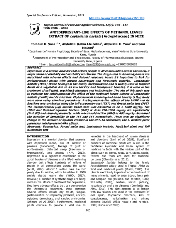 (PDF) Antidepressant-like effects of methanol leaves extract of ...