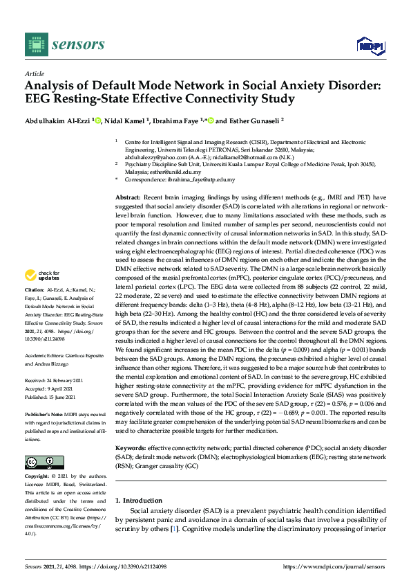 Pdf Analysis Of Default Mode Network In Social Anxiety Disorder Eeg Resting State Effective