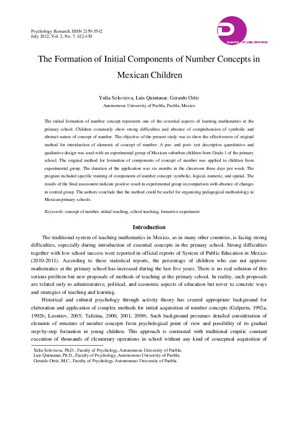 (PDF) The Formation of Initial Components of Number Concepts in Mexican ...