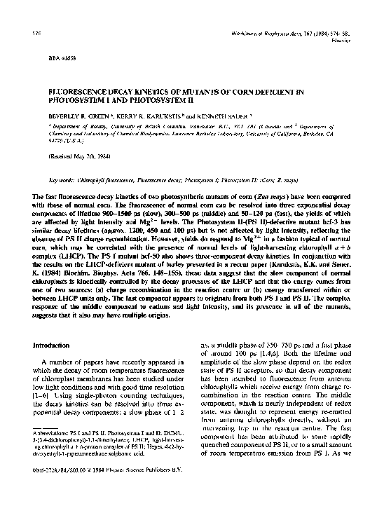 (PDF) Fluorescence decay kinetics of mutants of corn deficient in ...