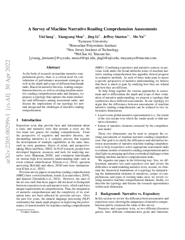 (PDF) A Survey of Machine Narrative Reading Comprehension Assessments